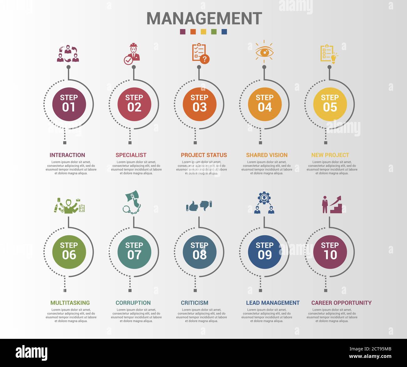 Infographic Management template. Icons in different colors. Include ...