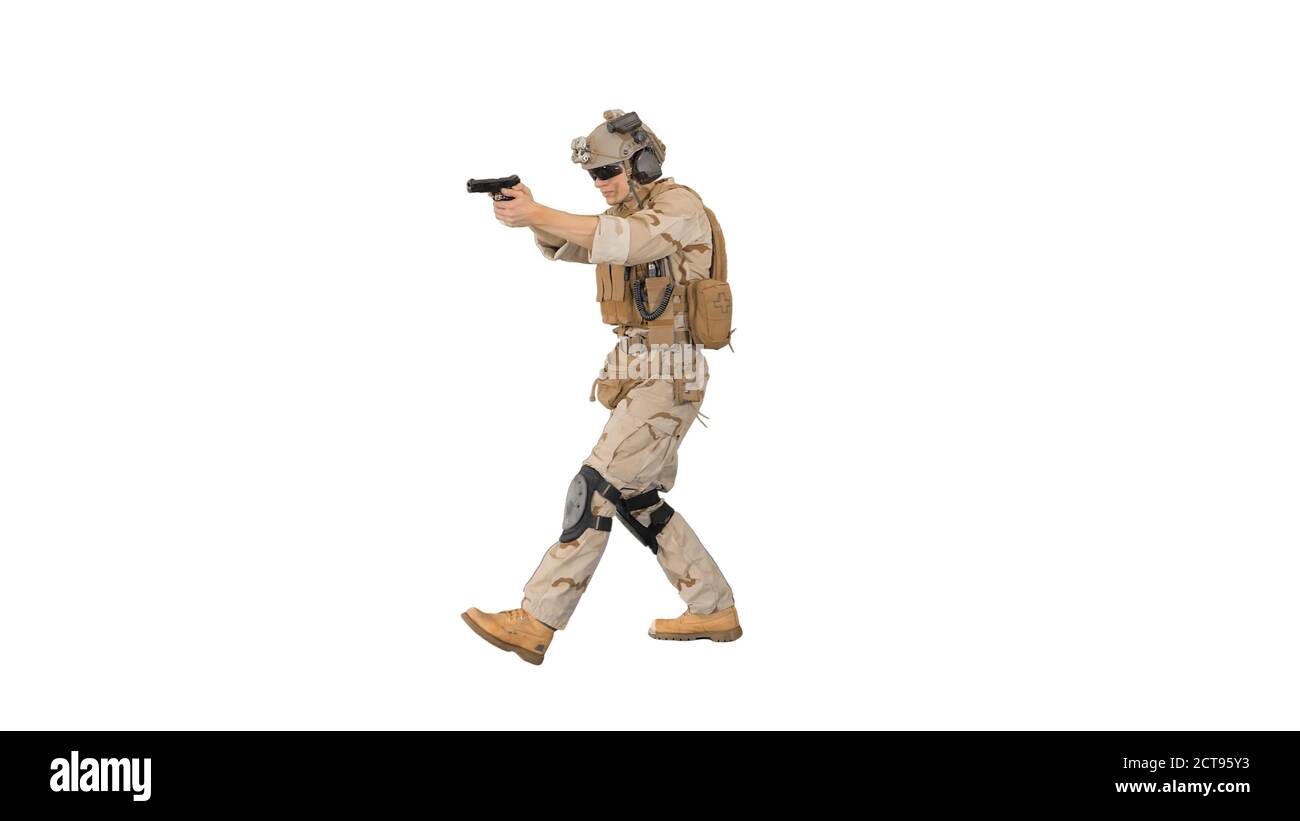 Soldier walking and aiming with a pistol on white background Stock ...