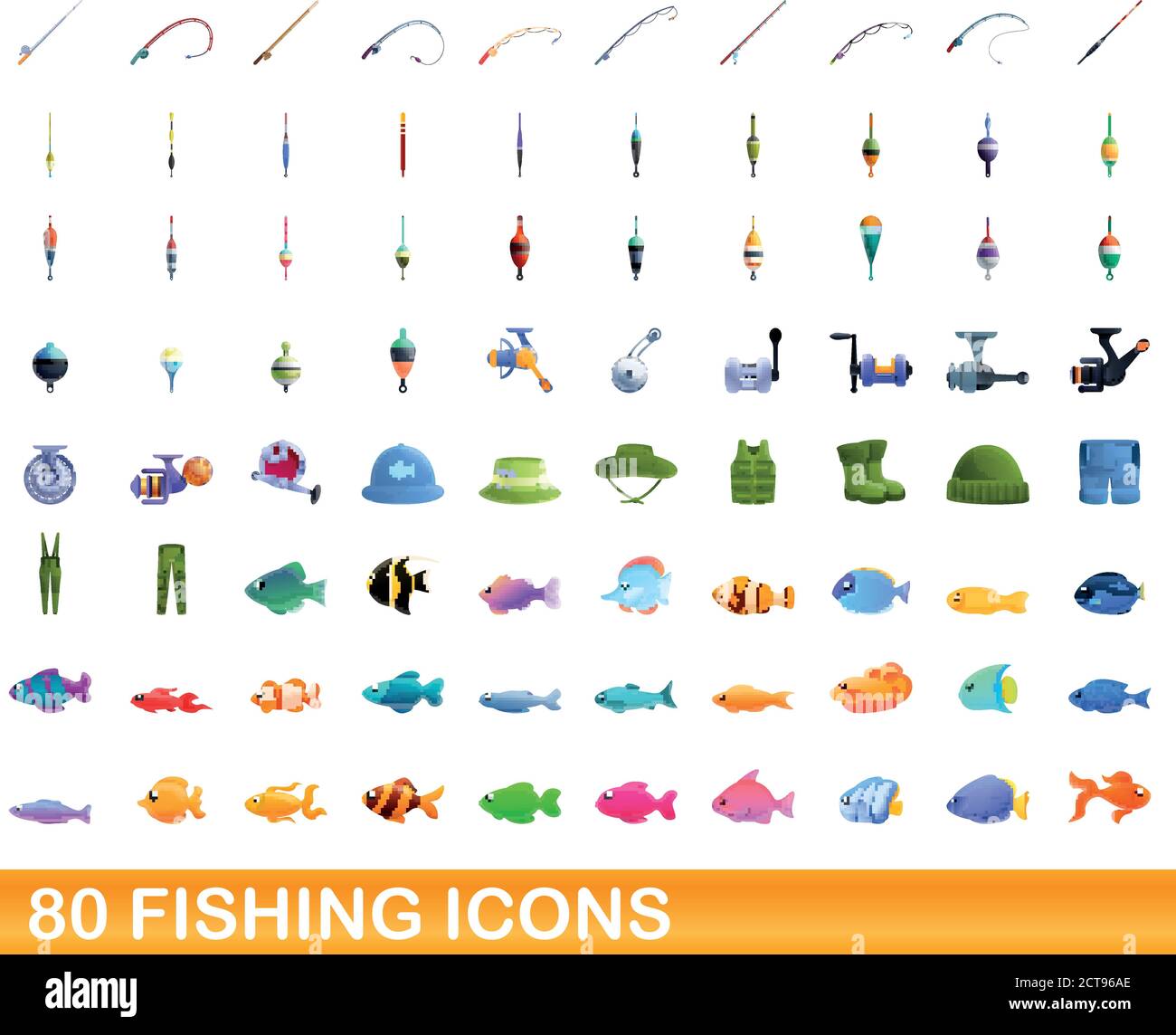 80 fishing icons set. Cartoon illustration of 80 fishing icons vector ...