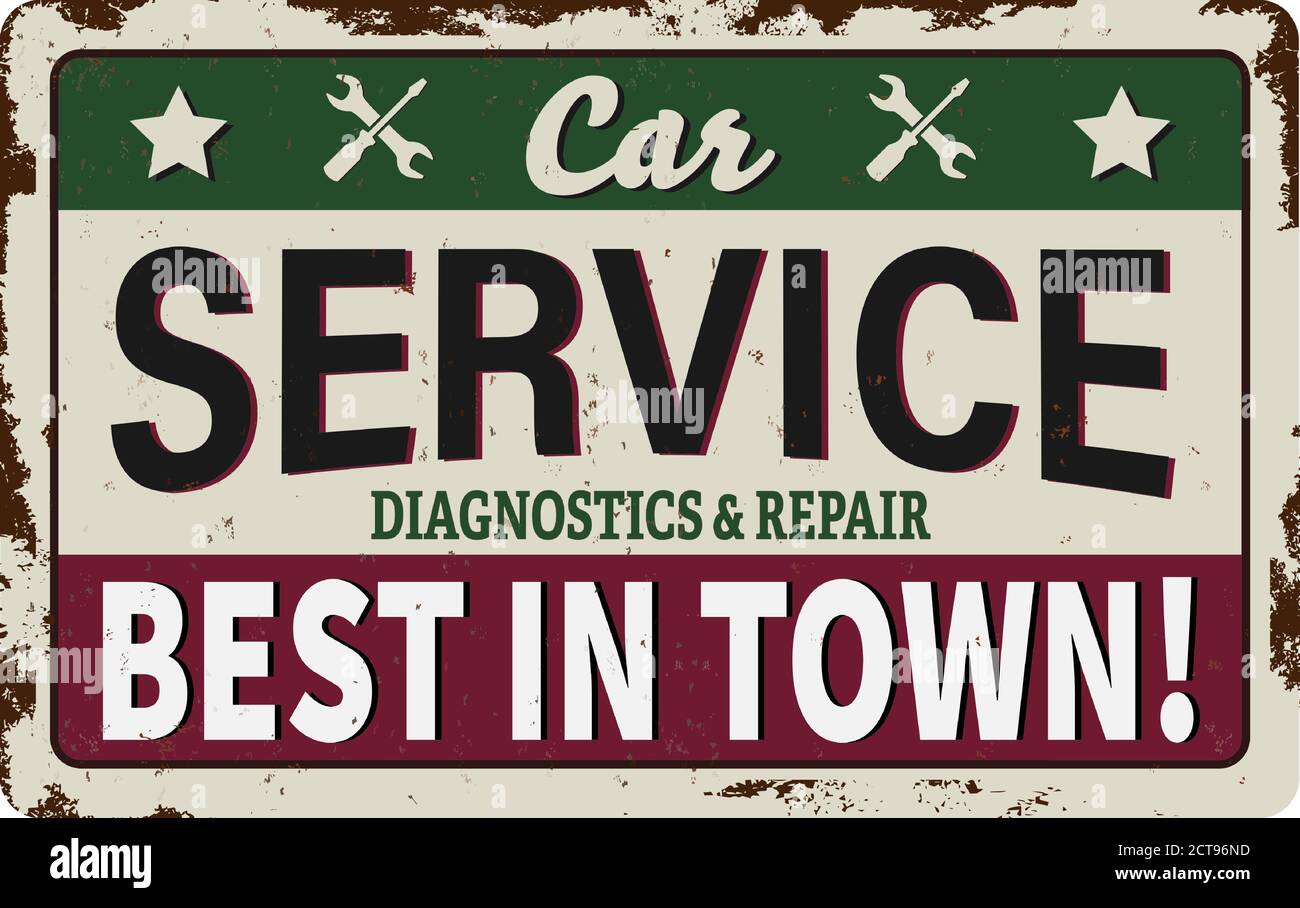 Retro car service metal vintage sign. Vector illustration. on a white ...