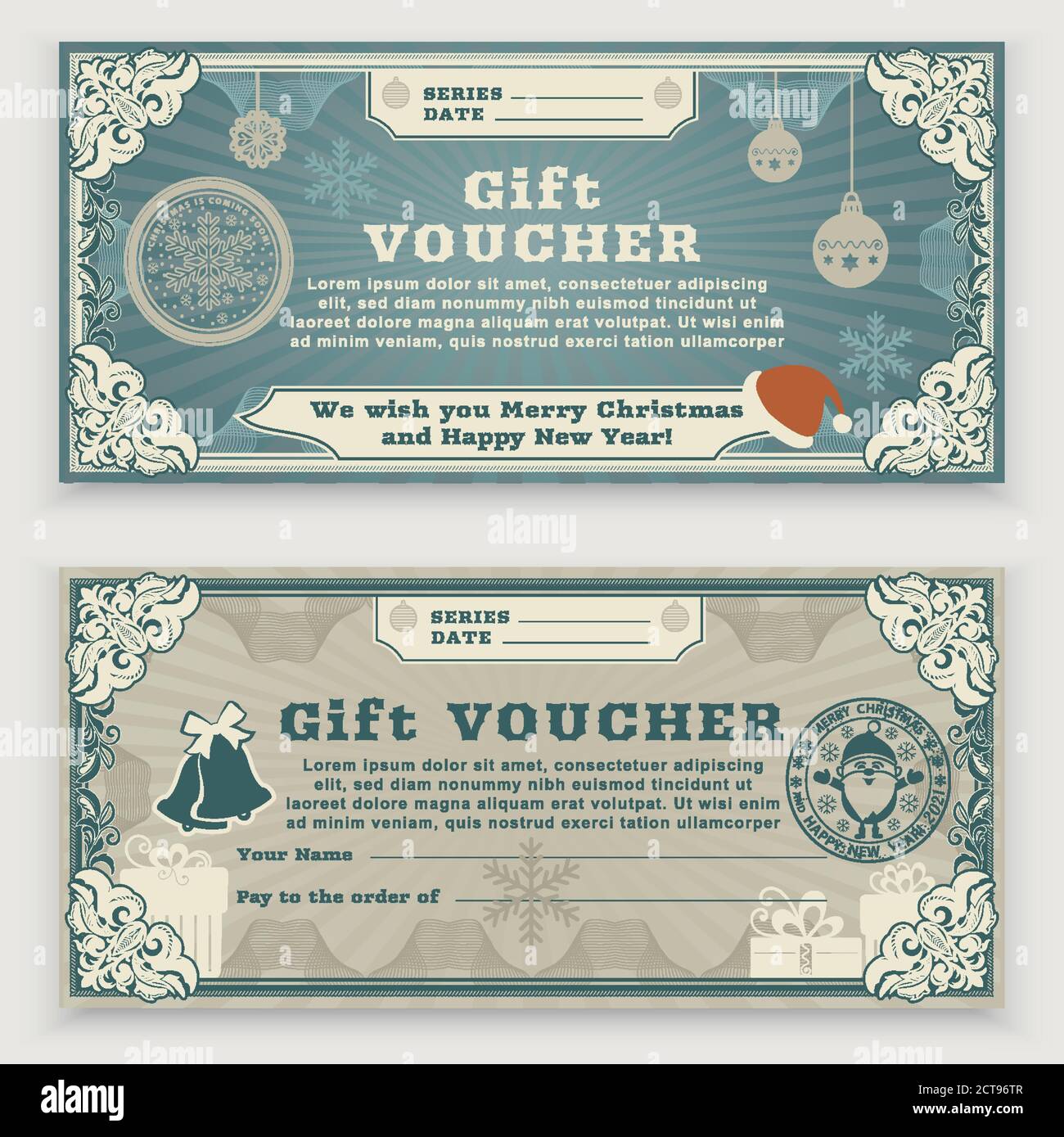 Christmas vintage Voucher template with floral border, snowflakes and ...