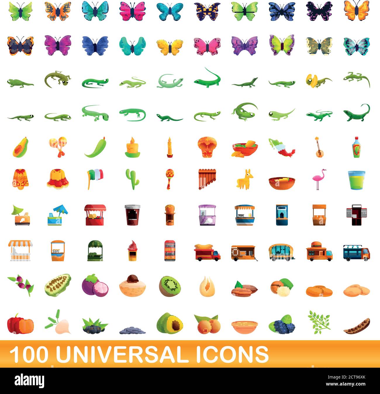 100 universal icons set. Cartoon illustration of 100 universal icons ...