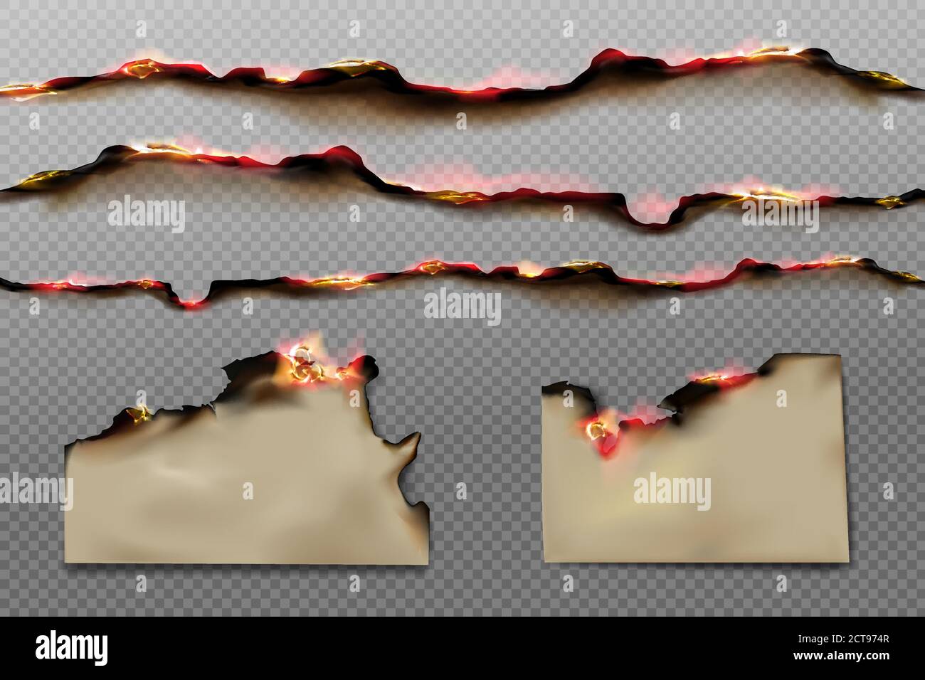 Burnt paper edges and parchment sheets with fire and black ash isolated ...