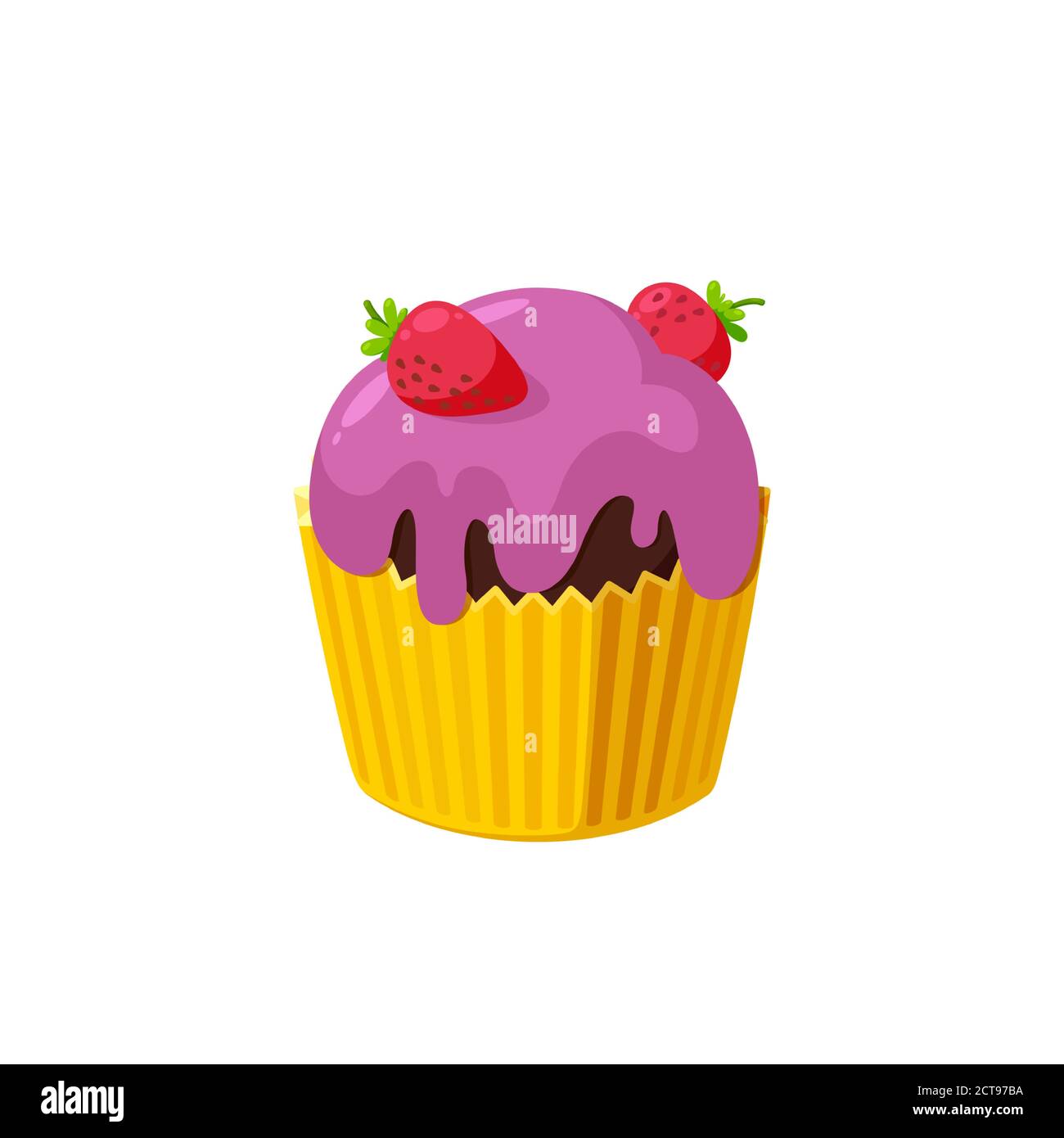 Cupcake with strawberry and pink icing. Fairy cake in paper cup. Tasty ...
