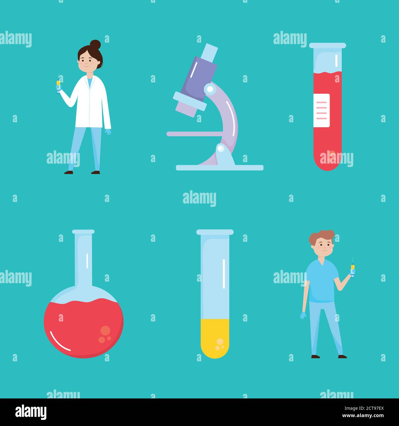 cartoon scientists and Vaccine research design over turquoise ...