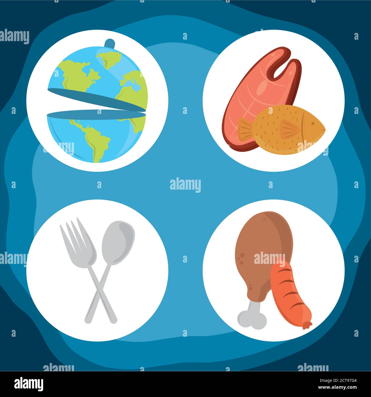 world food day, healthy lifestyle meat chicken sausage fork spoon icons vector illustration ...