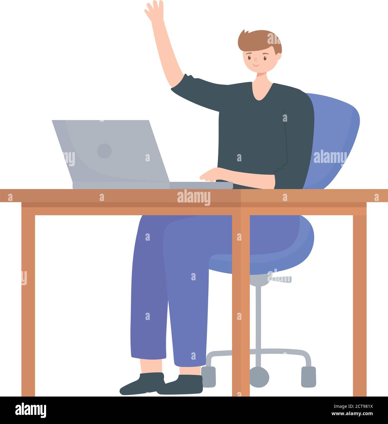 young man using laptop on desk isolated design white background vector ...