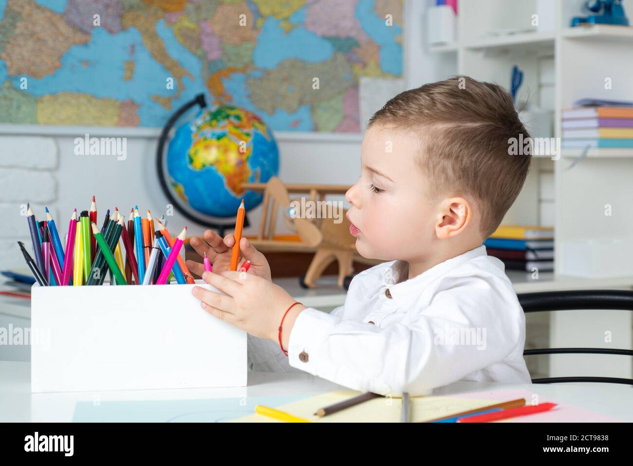 Home kids learning, home school. Kid in class on background of ...