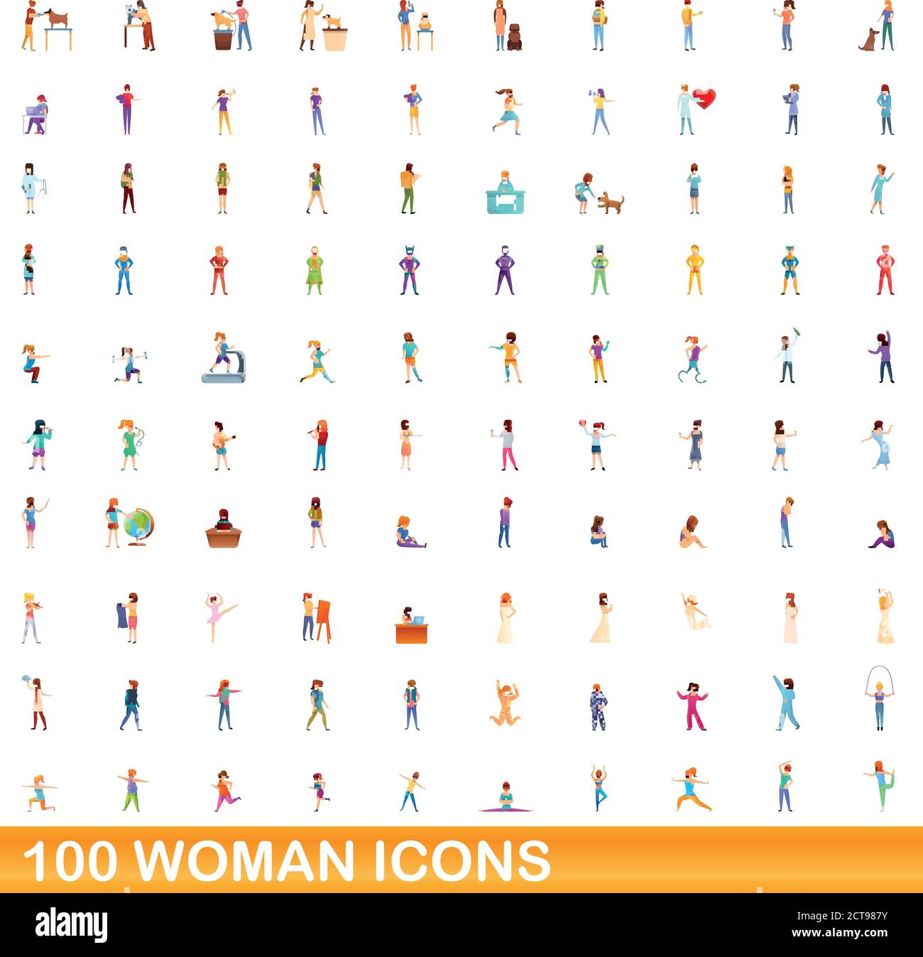 100 woman icons set. Cartoon illustration of 100 woman icons vector set ...