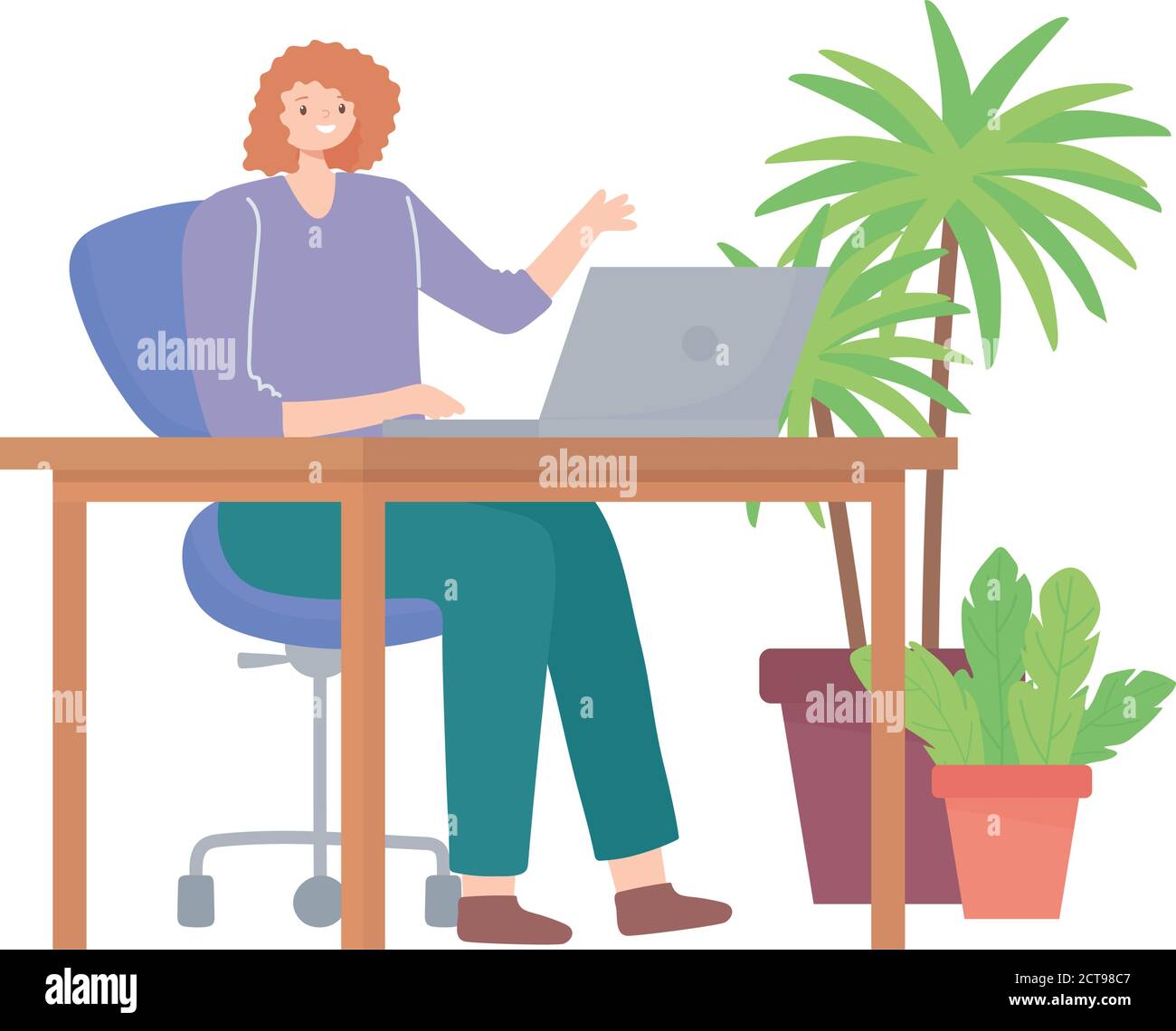 young woman working at desk with laptop in office space vector ...