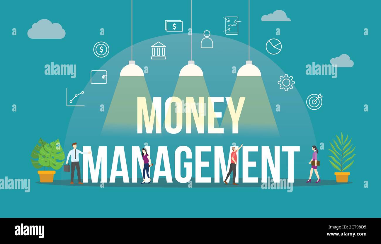 money management concept with team people and modern icon object modern ...