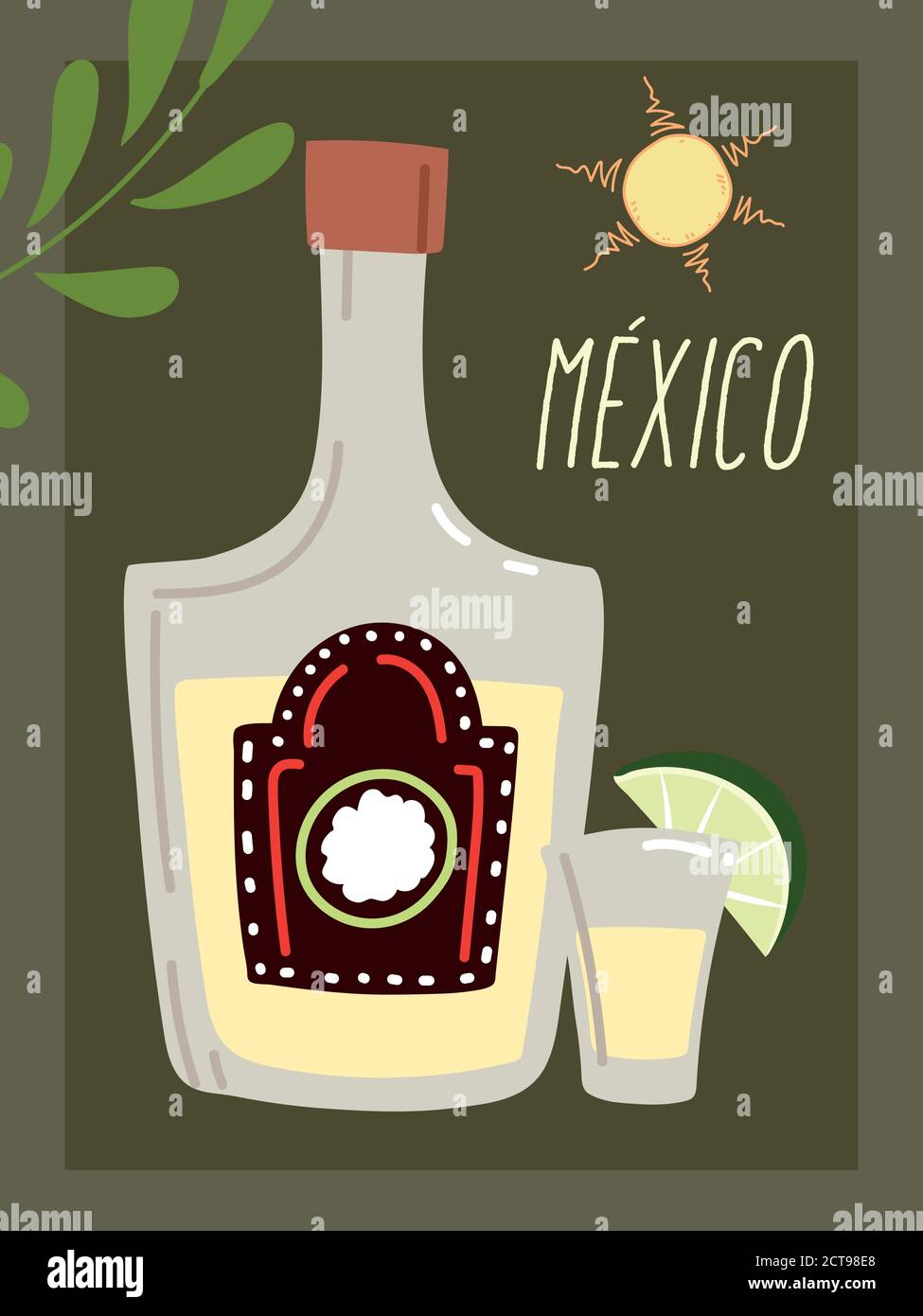 mexico label with tequila bottle, traditional Mexican drink vector ...