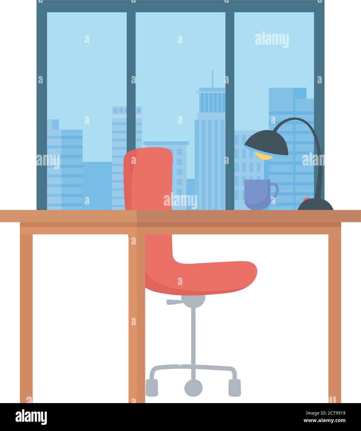 workspace office desk lamp chair and window isolated design white ...