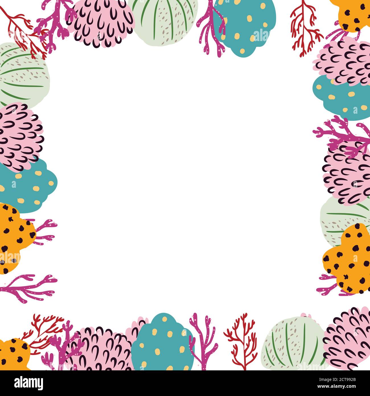Abstract frame made of flowers, corals and branches. Marine plants ...