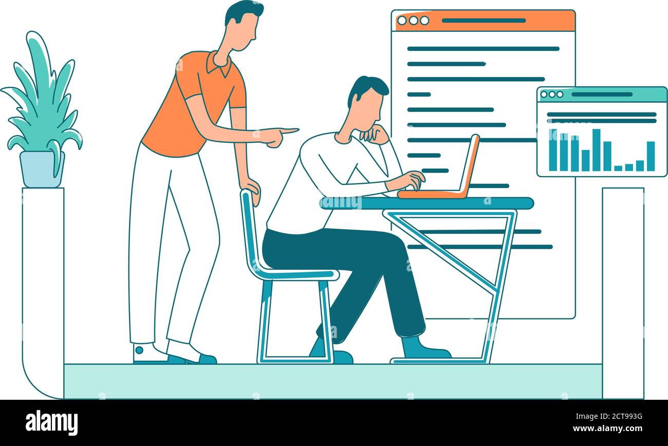 Manager with staff member flat color vector faceless characters ...