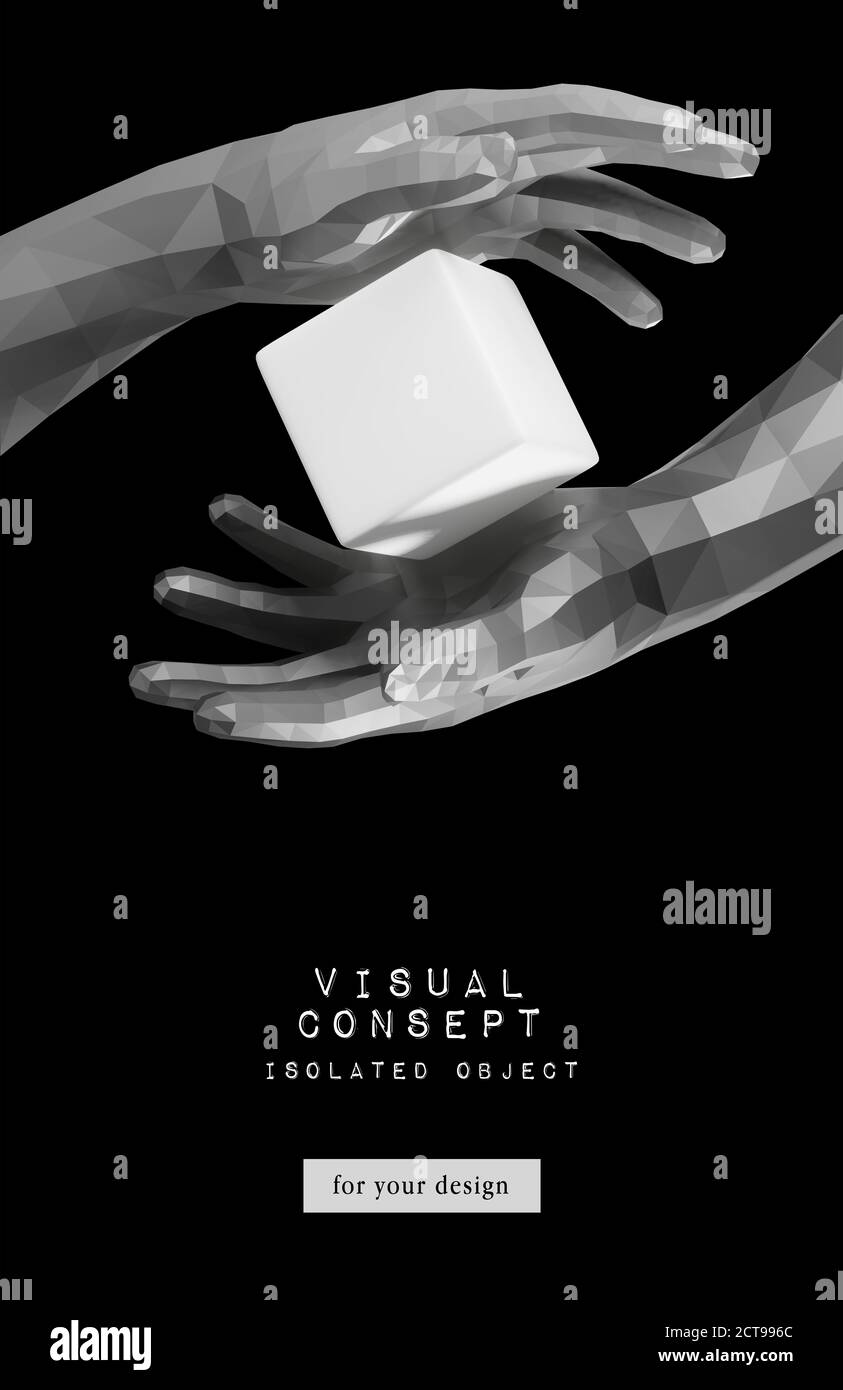 Two hands made of triangles holding a cube isolated on black background ...
