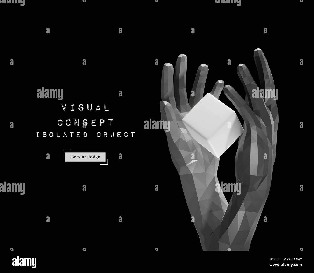 Two hands made of triangles holding a cube isolated on black background ...