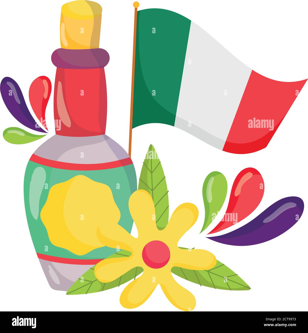mexican independence day, bottle tequila flower and flag, viva mexico ...