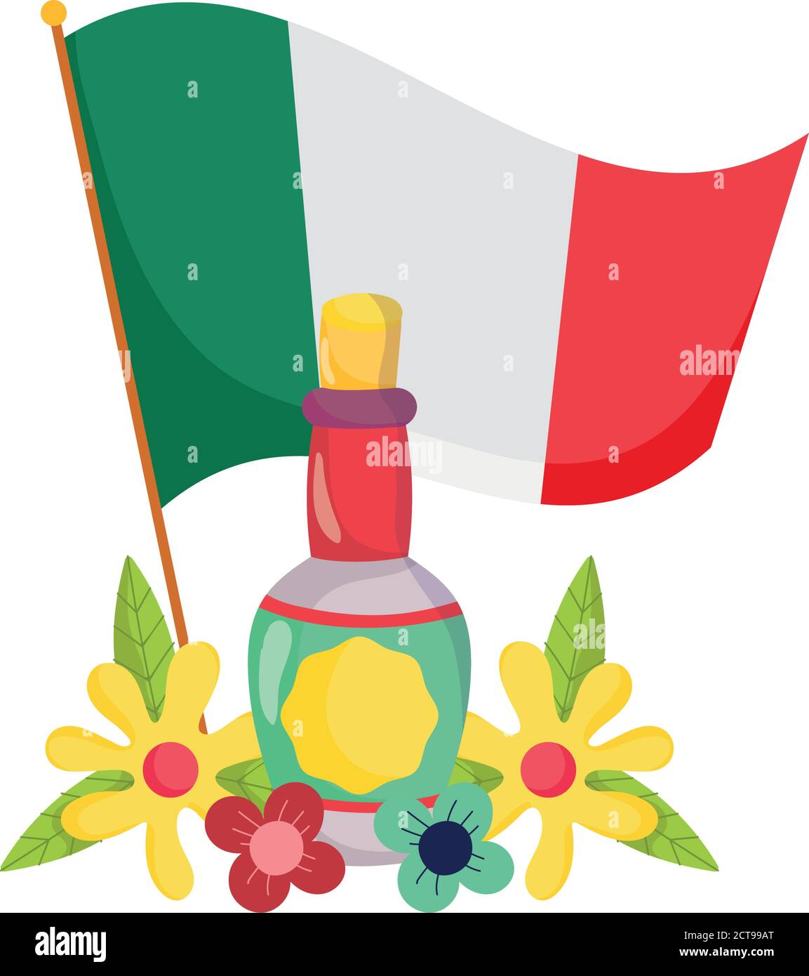 mexican independence day, flag tequila bottle and flowers, celebrated ...