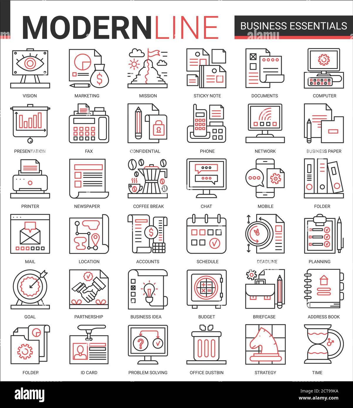 Business complex concept thin red black line icon vector set. Business ...