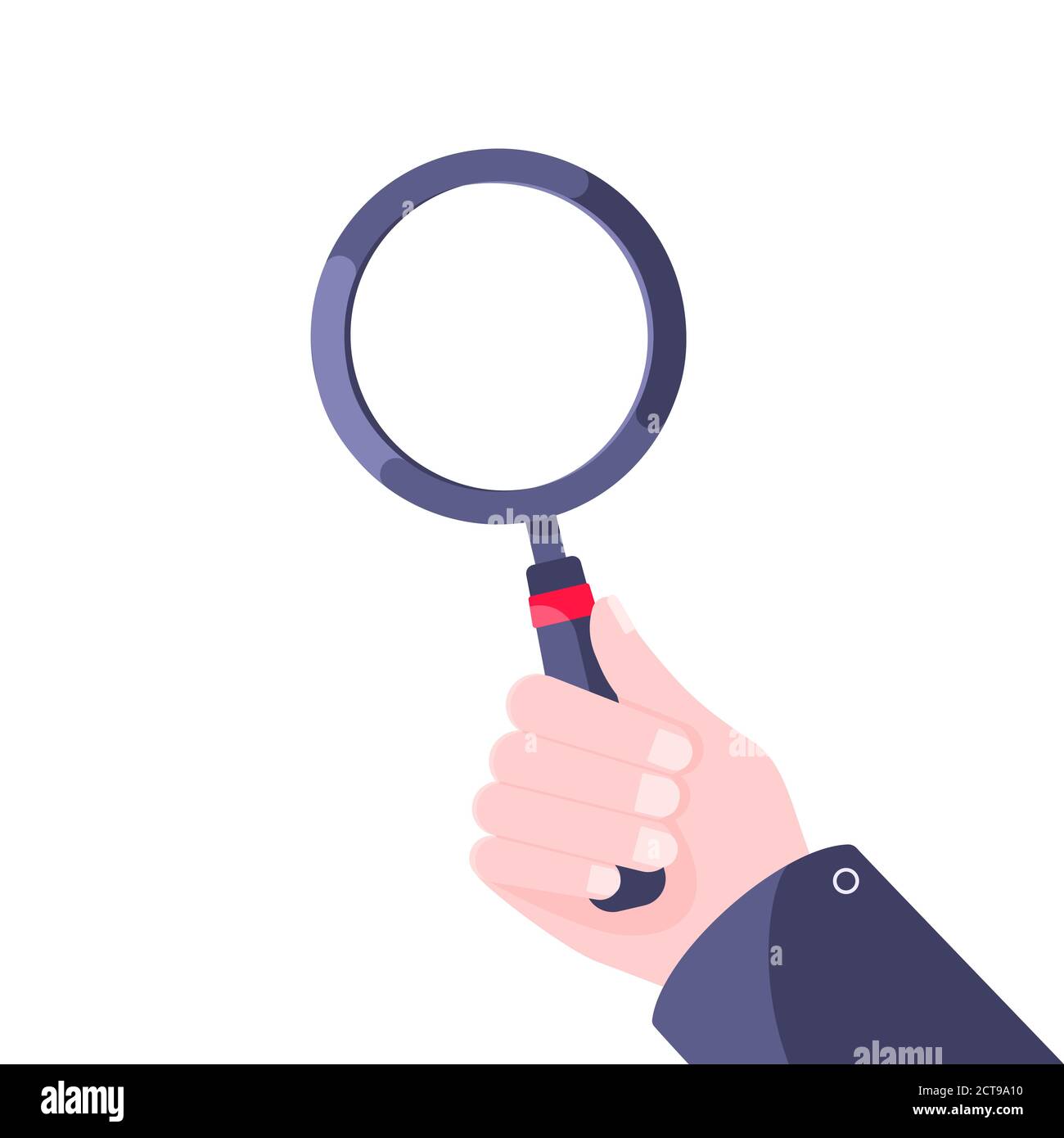 Hand holds magnifying glass flat style design icon sign vector ...