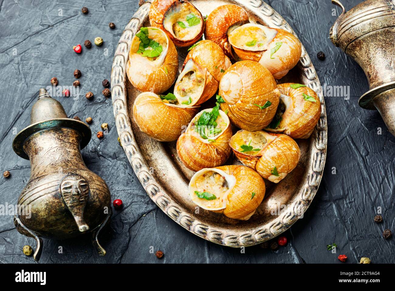 Tasty snails in vintage tray.Stuffed escargots.France food Stock Photo ...
