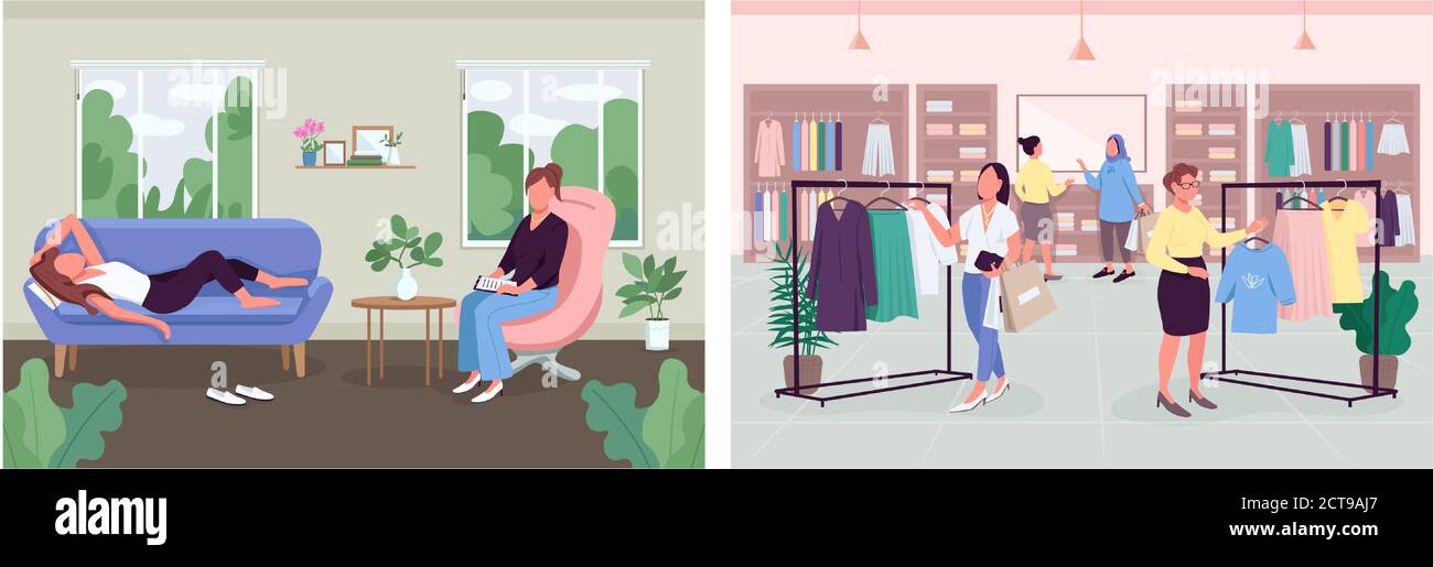 Women rest and recovery methods flat color vector illustration set ...