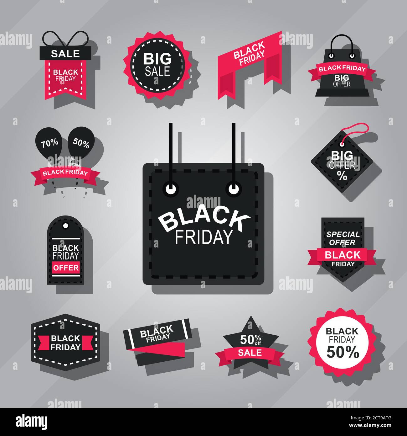 black friday, offer discount collection icons with shadows on gray ...