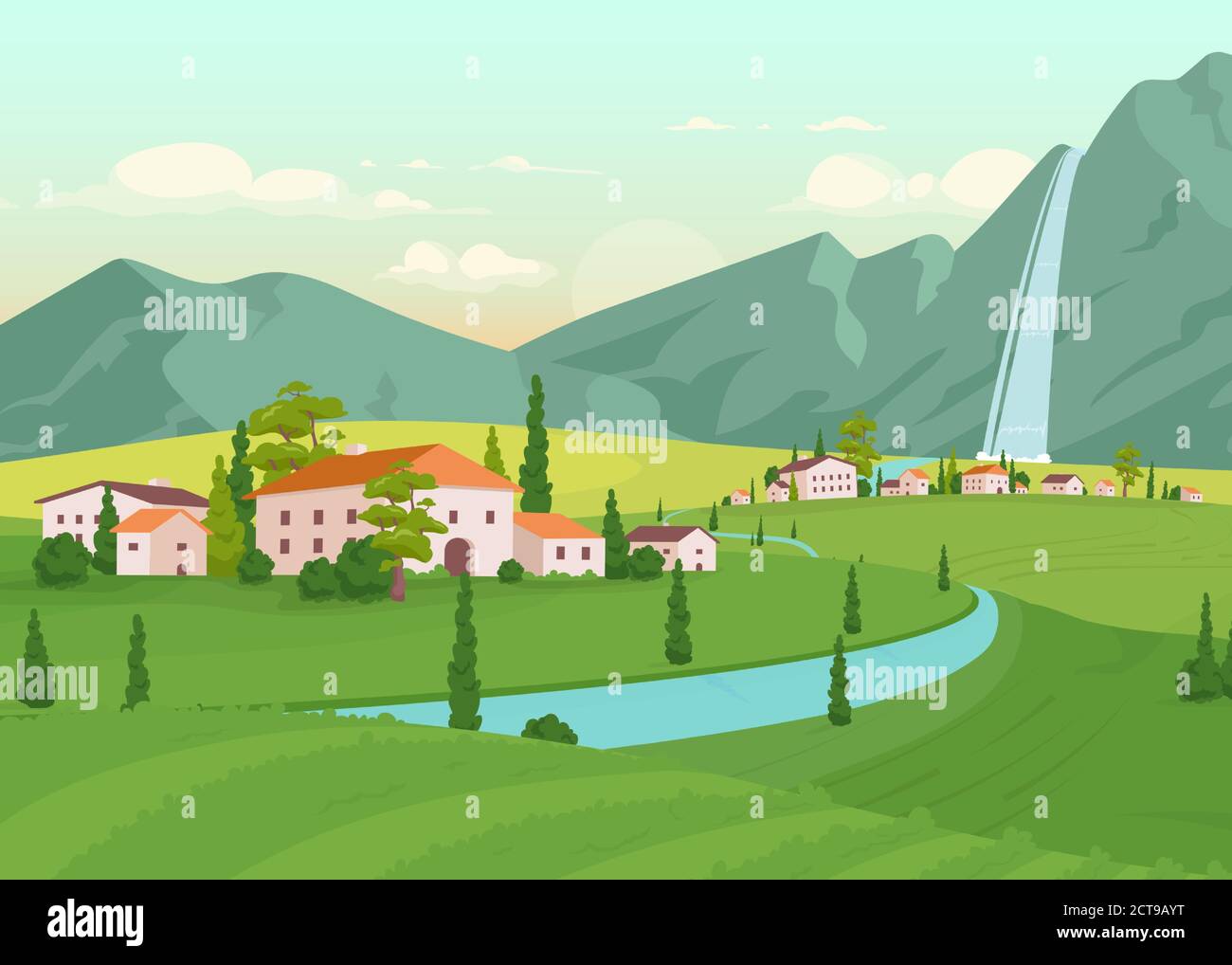 Tuscany scenery flat color vector illustration. River near farmhouses ...