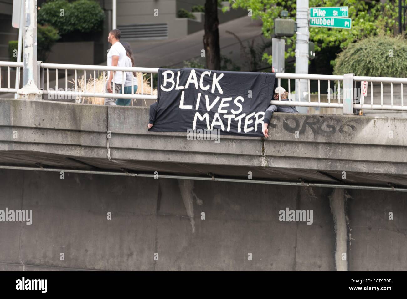 Seattle, USA Jun 3, 2020: BLM protest in downtown hanging a banner over ...