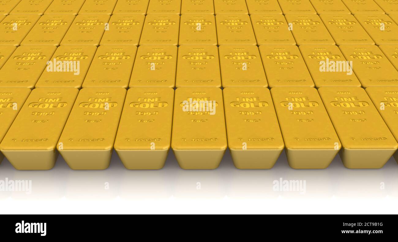 The highest standard gold bars. A lot of ingots of 999.9 Fine Gold lie ...