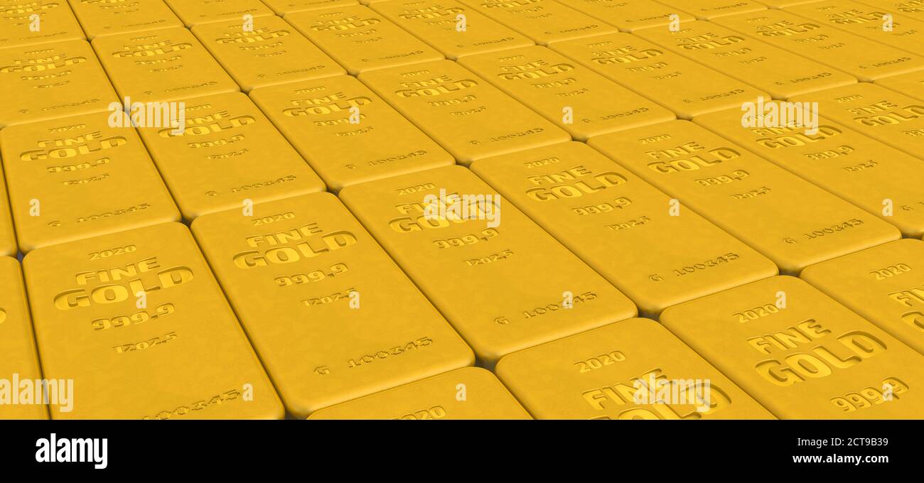 The highest standard gold bars. A lot of ingots of 999.9 Fine Gold lie ...