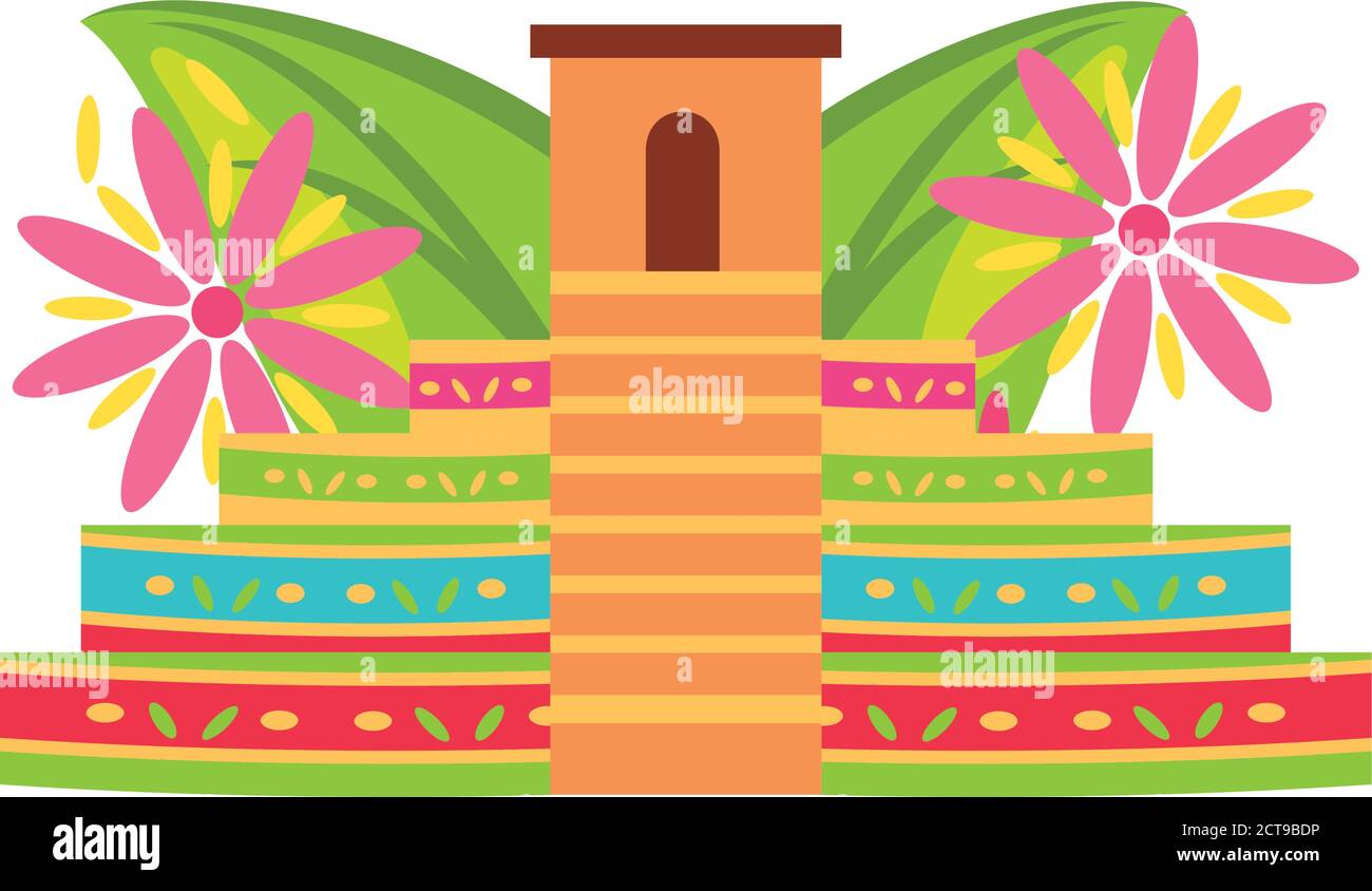 Mexican pyramid with flowers detailed style icon design, Mexico culture ...