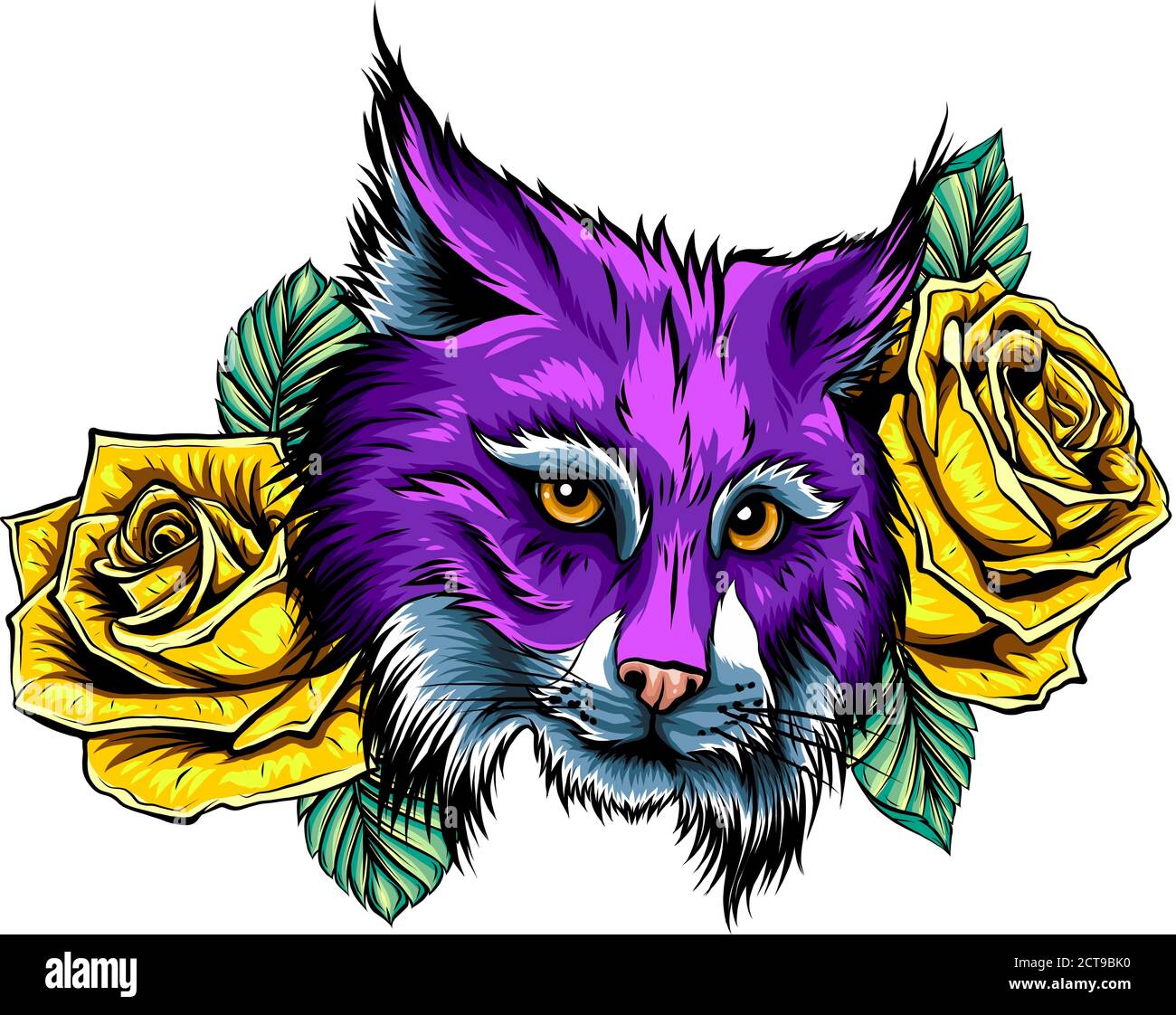 hand drawn ink doodle cat and flowers on white background Stock Vector ...