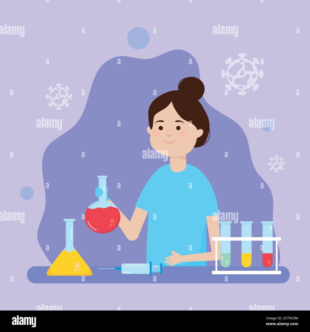 Vaccine research design, cartoon woman with chemical flasks and syringe ...