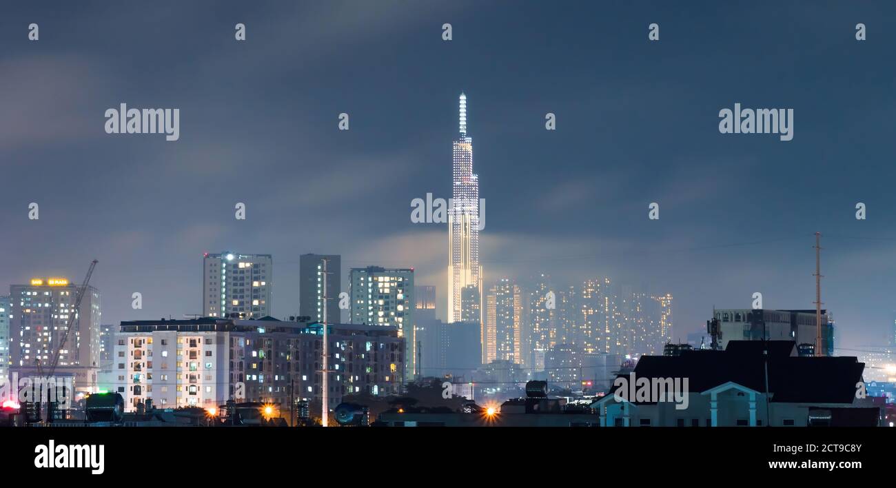 Spectacular view of a landmark 81 skyscraper sky in mist and clouds at ...