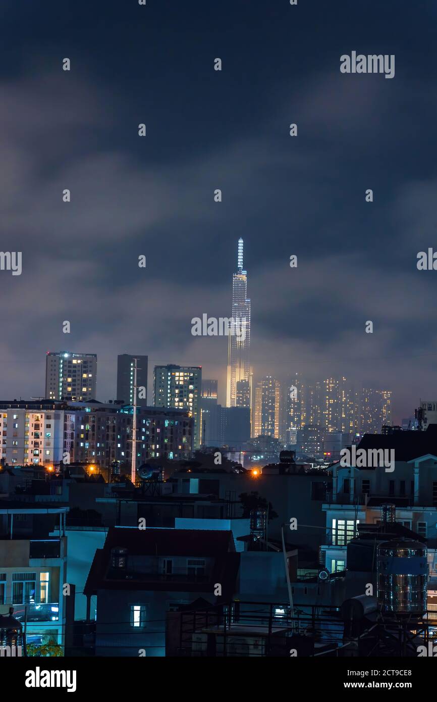 Spectacular view of a landmark 81 skyscraper sky in mist and clouds at ...