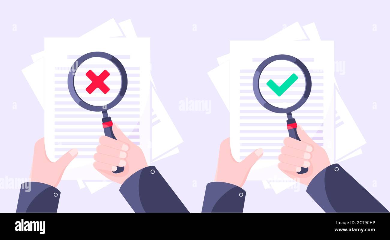 Correct and reject document verification concept with paper sheets and ...