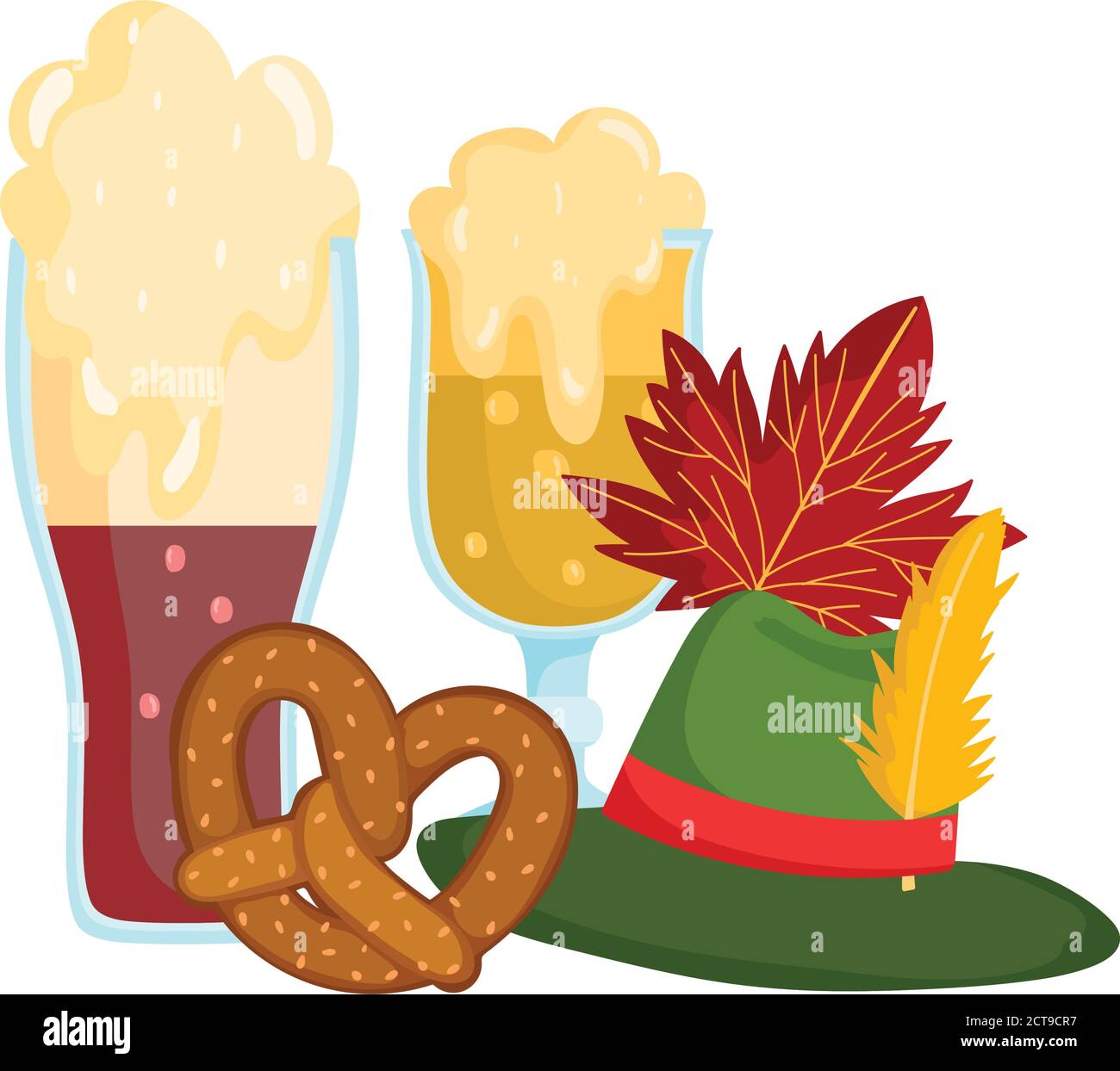 oktoberfest festival, beers with foam hat and pretzel, celebration ...
