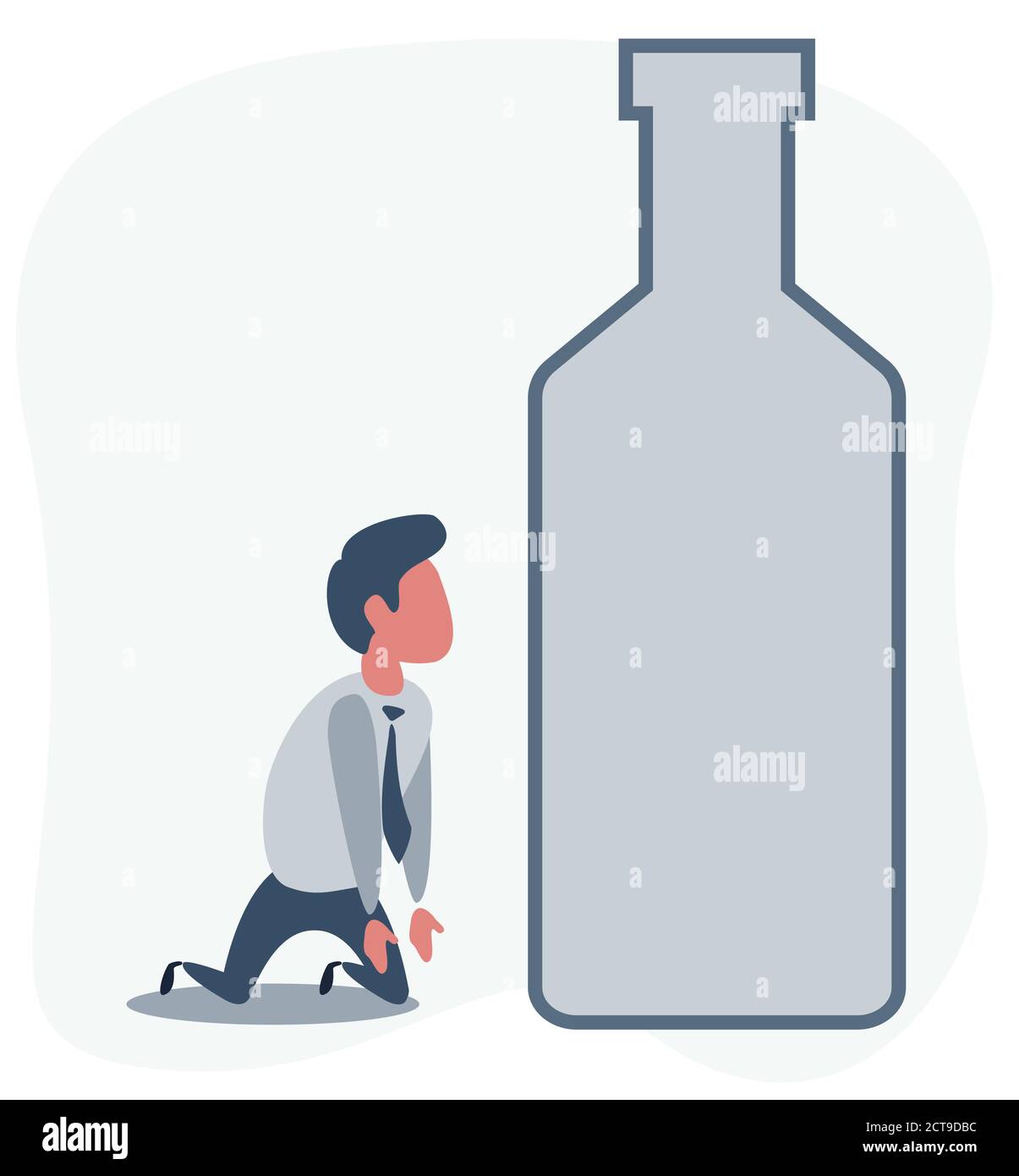Sick drunk man on the knees beside the bottle of wine. Concept flat ...