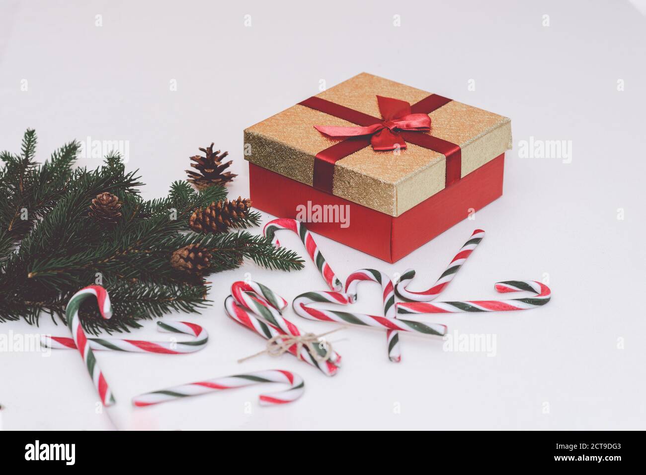 Christmas concept, new year concept. Gift Box, candy staff,candy canes ...