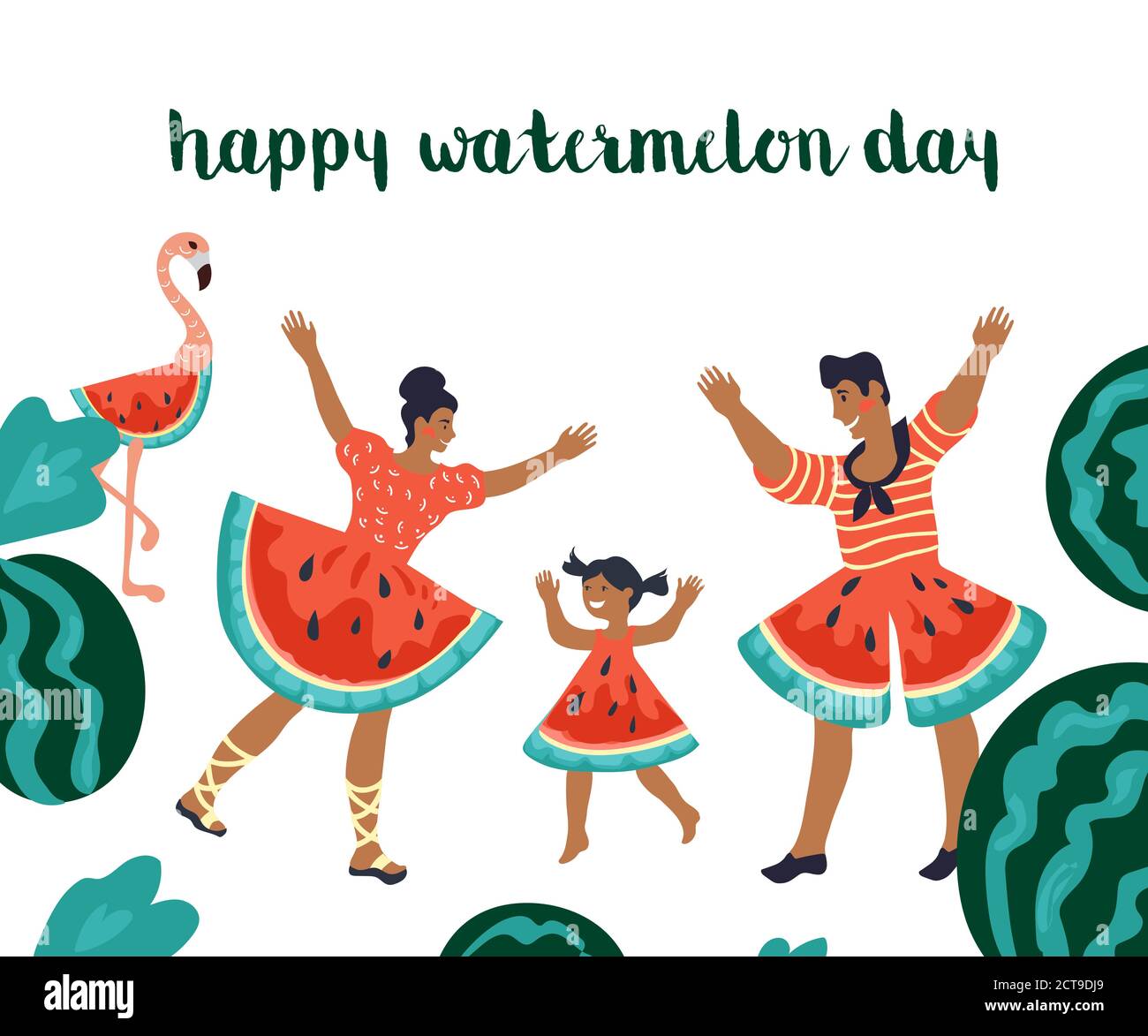 Happy watermelon day card with cartoon people dancing, vector ...