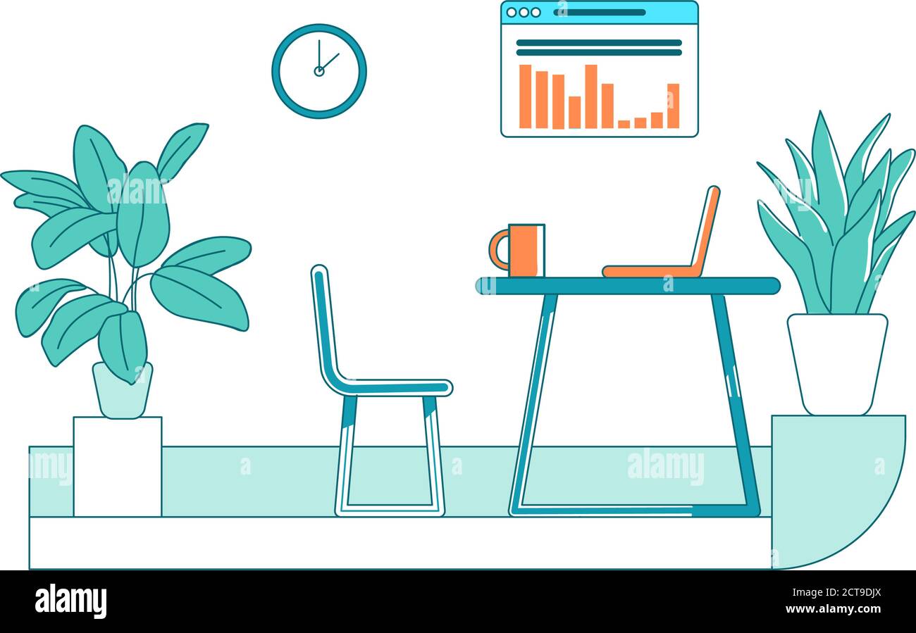 Office flat color vector scene. Work place for corporate employee. Desk ...