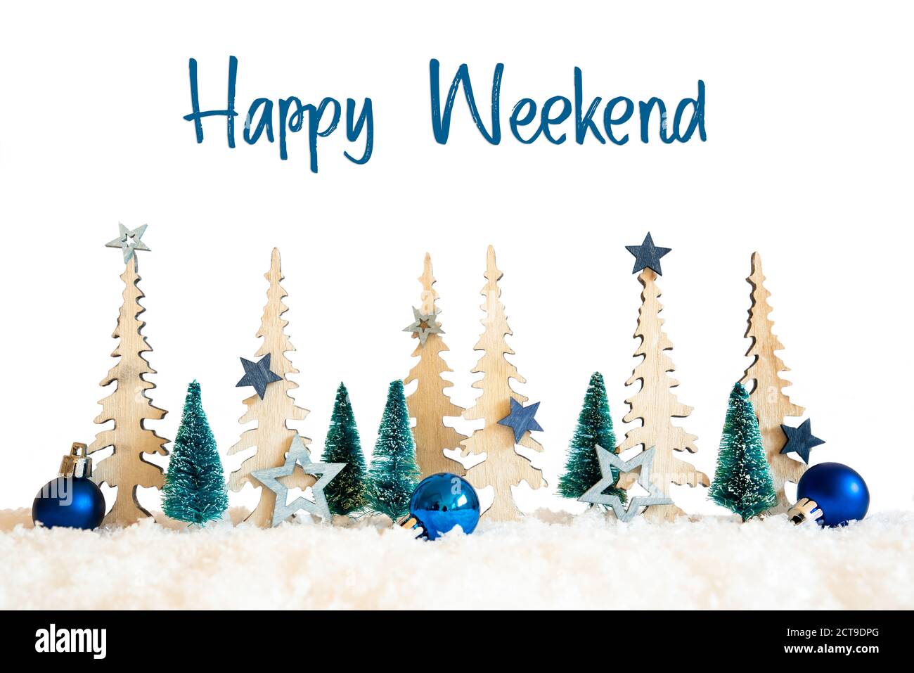 Christmas Tree, Snow, Blue Star, Ball, Text Happy Weekend, White ...
