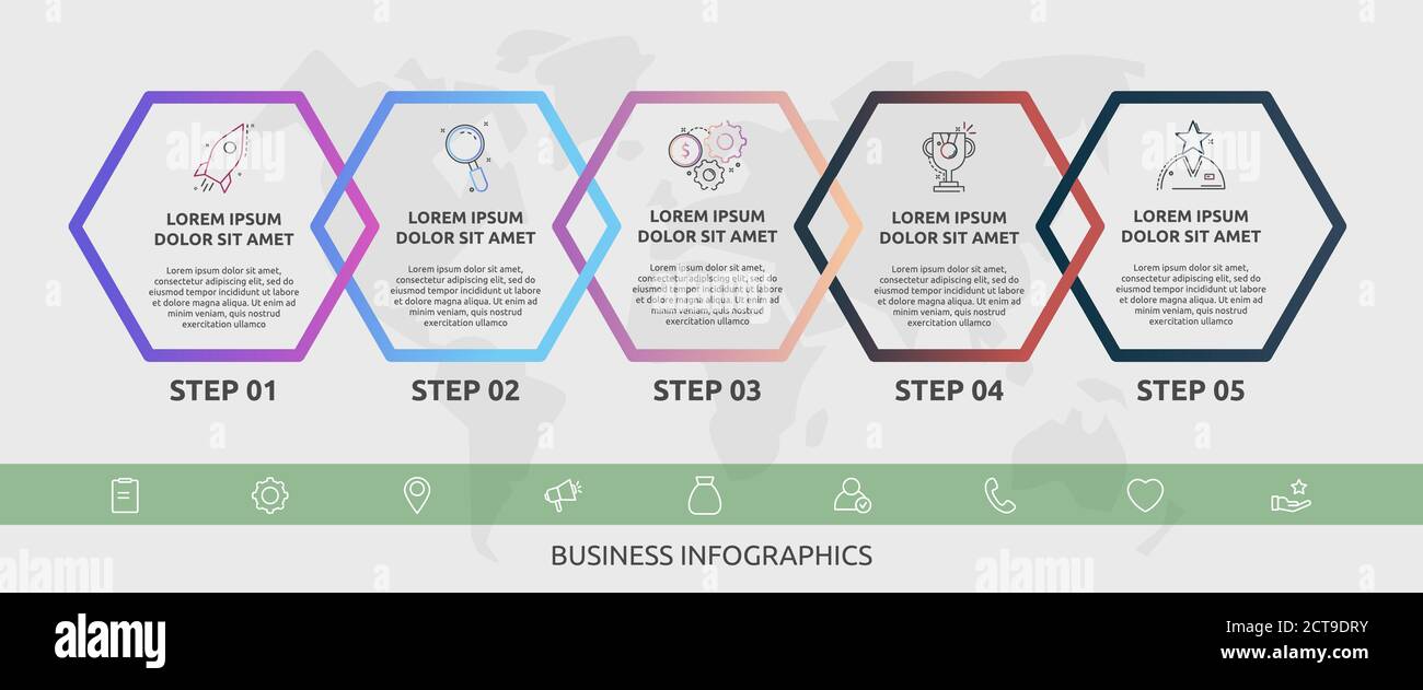 Vector infographic line hexagons for five icons, diagram, graph ...