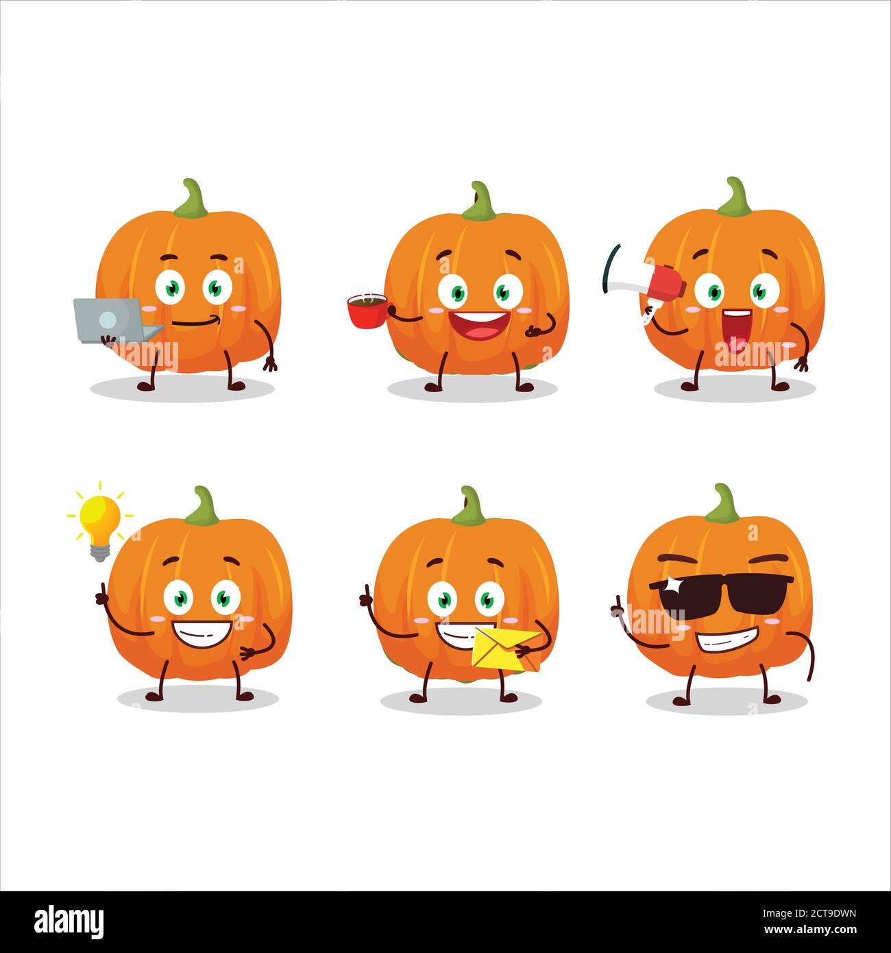Orange pumpkin cartoon character with various types of business ...