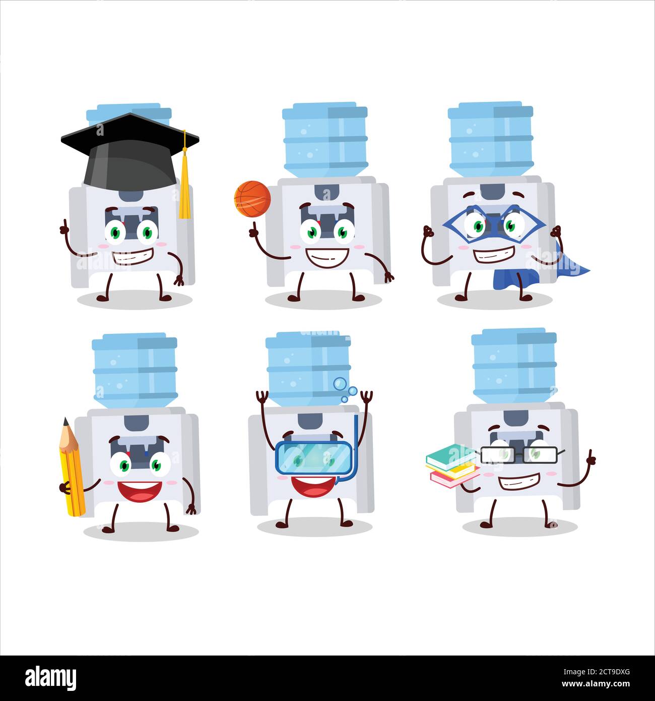 School student of water cooler cartoon character with various ...