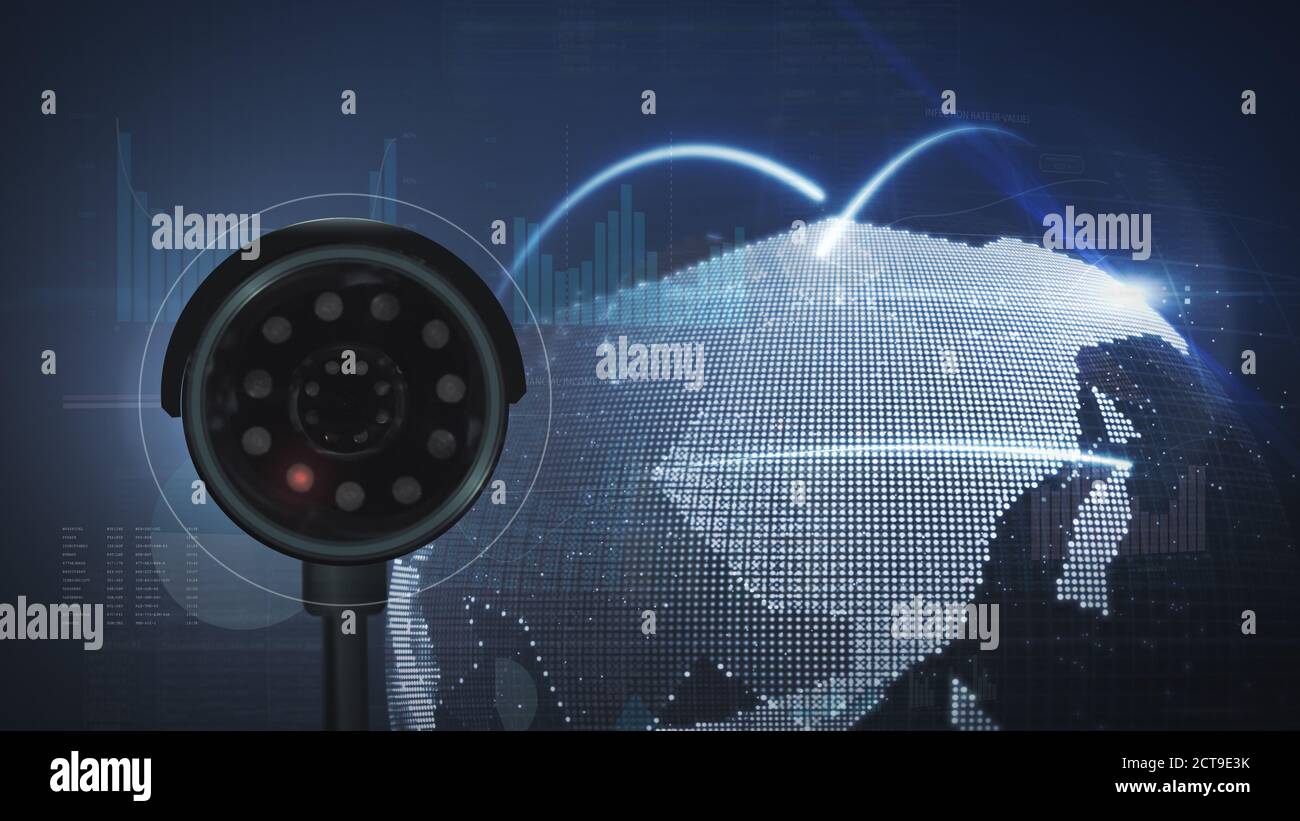 Earth Observation. Security camera monitors digital world globe Stock ...