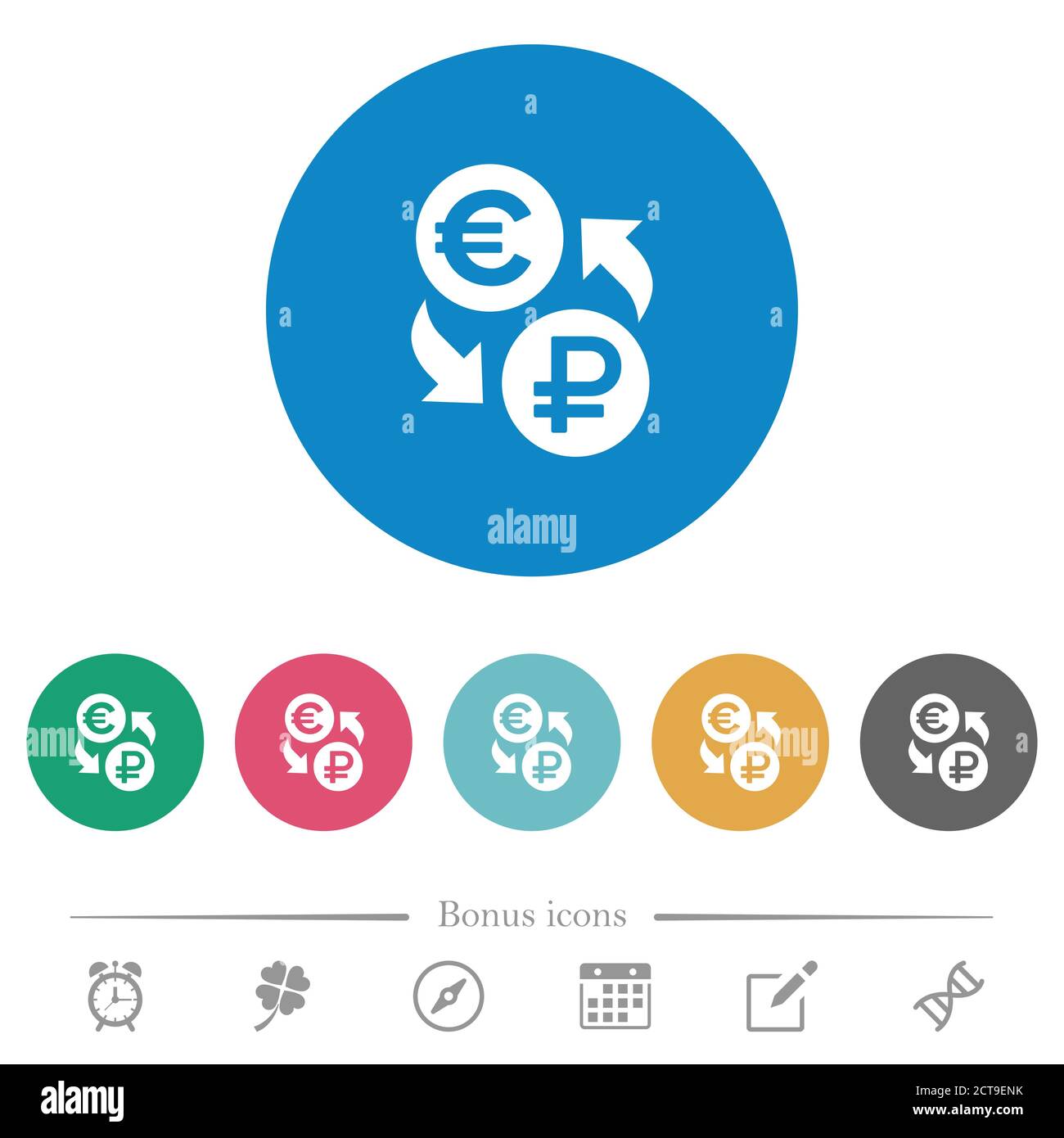 Euro Ruble money exchange flat white icons on round color backgrounds ...