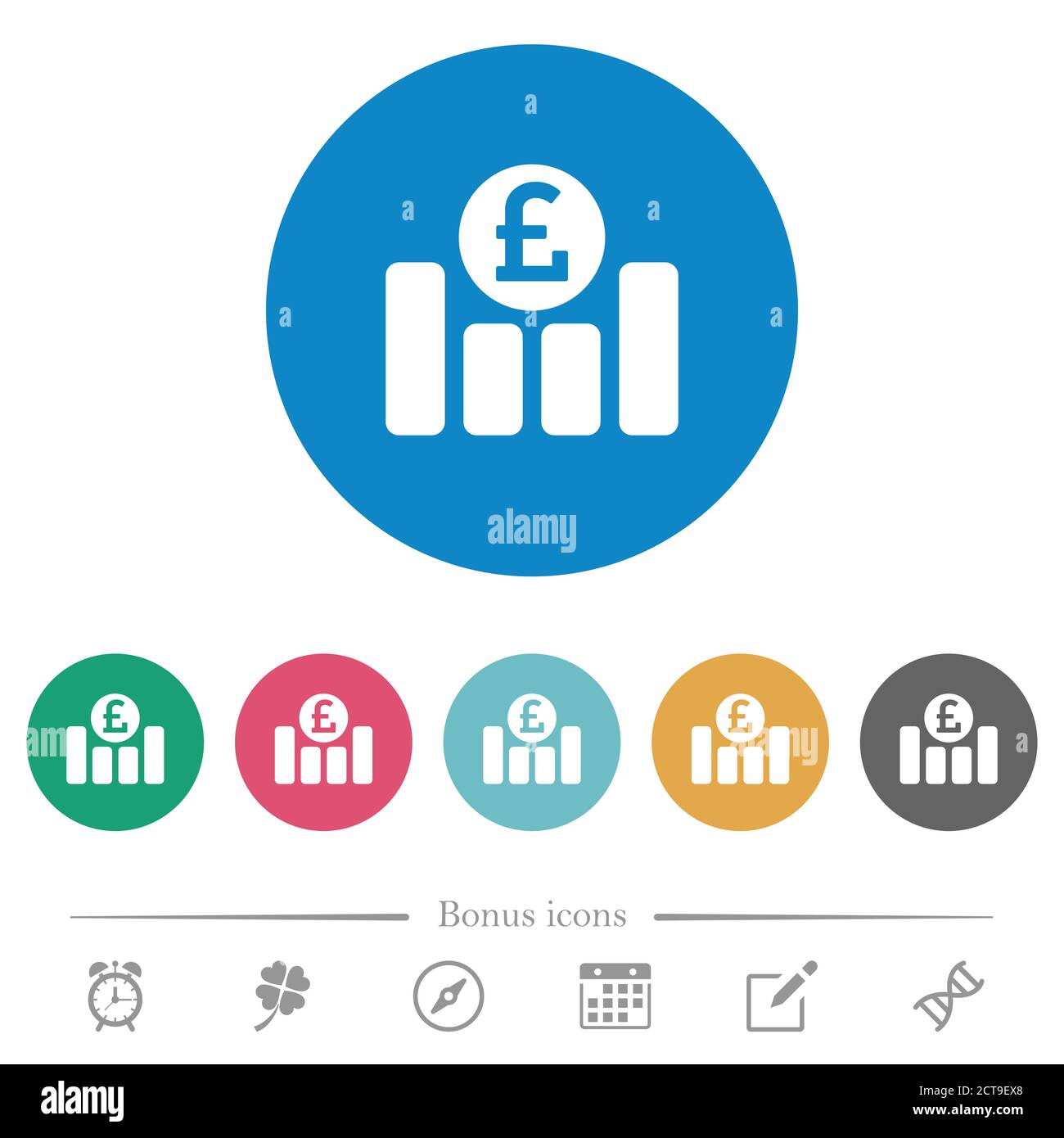 Pound financial graph flat white icons on round color backgrounds. 6 ...